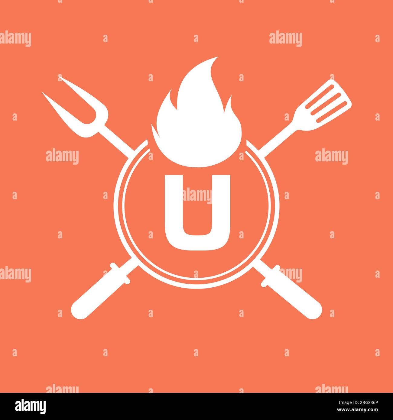 Letter U Restaurant Logo with Grill Fork and Spatula Icon. Hot Grill ...