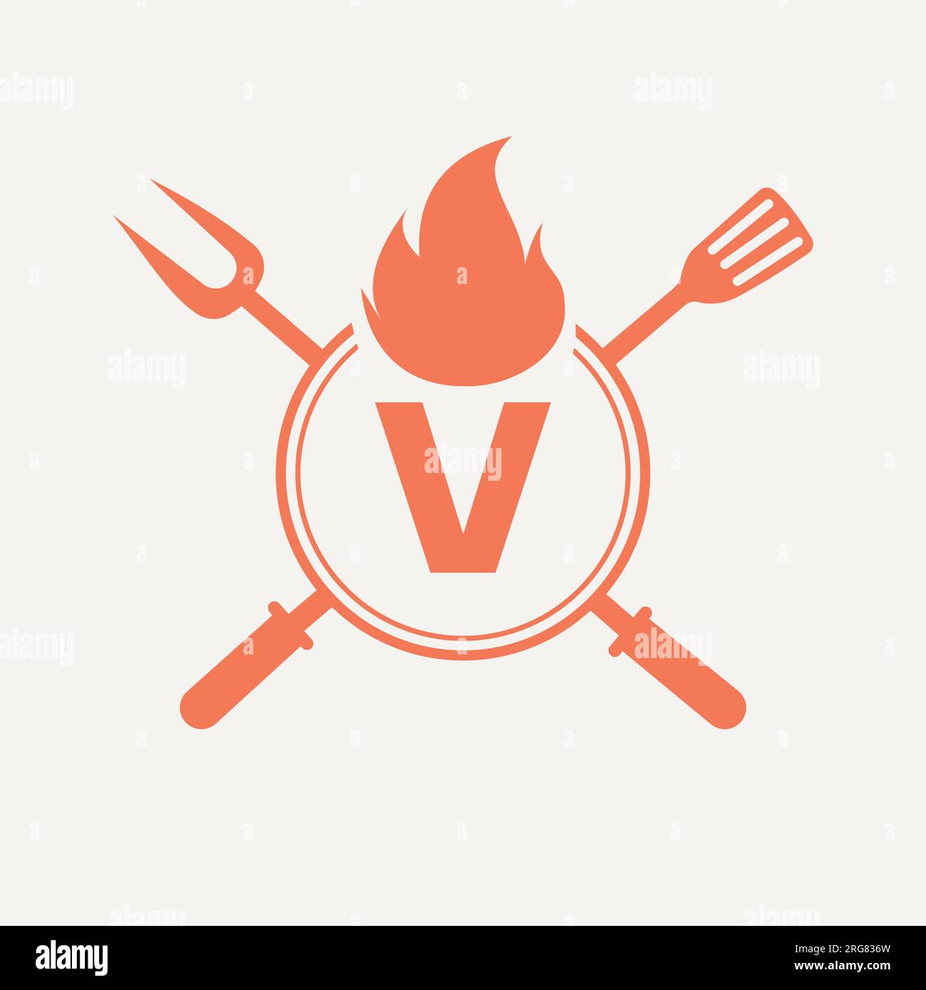 Letter V Restaurant Logo with Grill Fork and Spatula Icon. Hot Grill ...