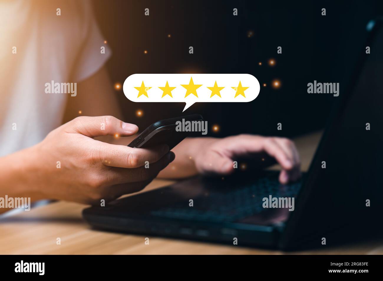 Customer satisfaction concept. Man hand using smartphone with five star ...