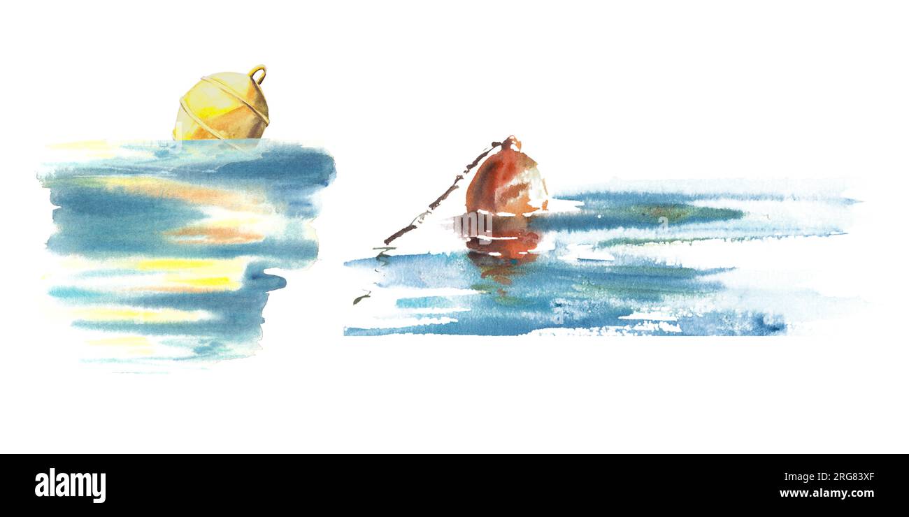 Watercolor Set yellow and red buoys at the sea. Hand painted isolated illustration on white ...