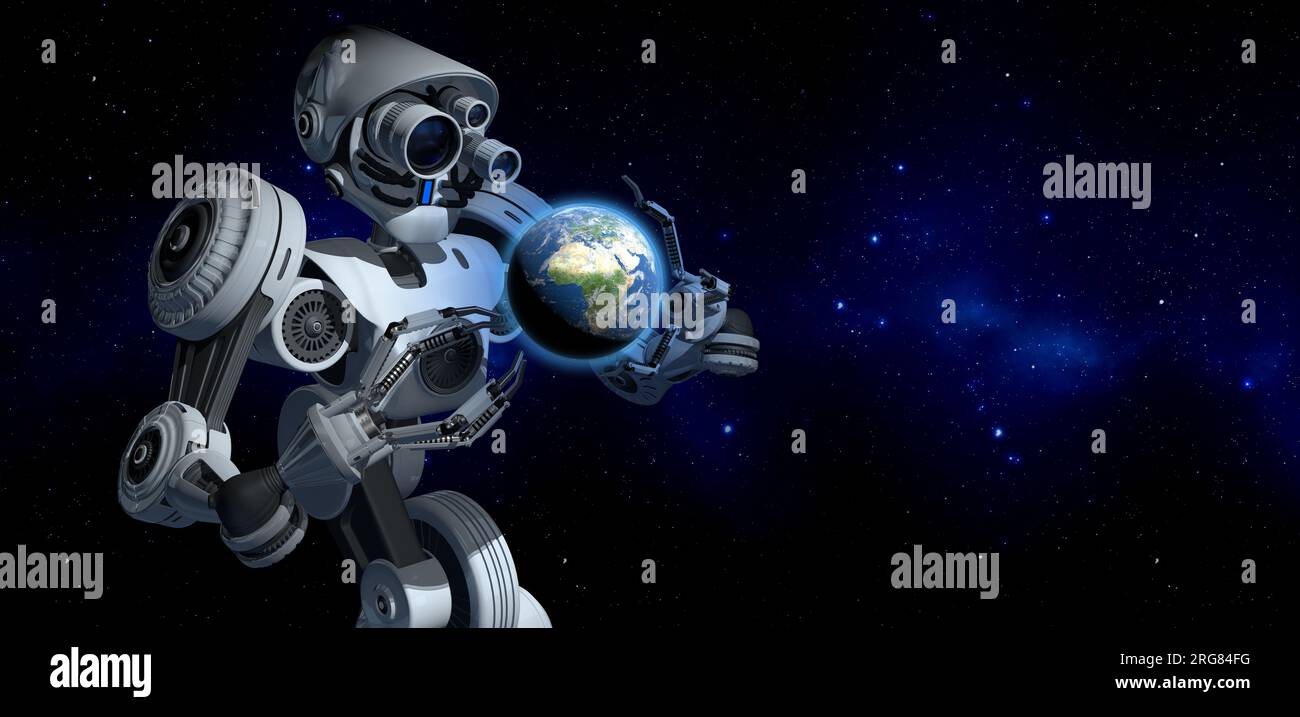 White giant android with glasses on his head and pincers in his hands ...