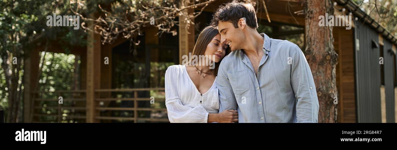 banner, happy woman in white sundress hugging with boyfriend, summer ...