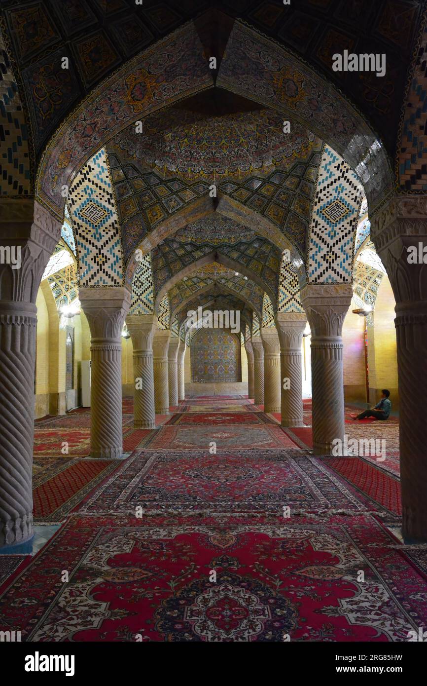 Nasir-ol-molk Mosque ("pink mosque") in Shiraz, Iran. Built during the ...