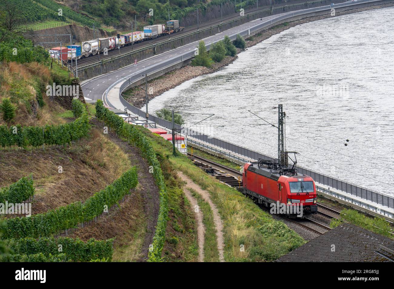 Upper Middle Rhine Valley, railway line on the right bank of the Rhine ...