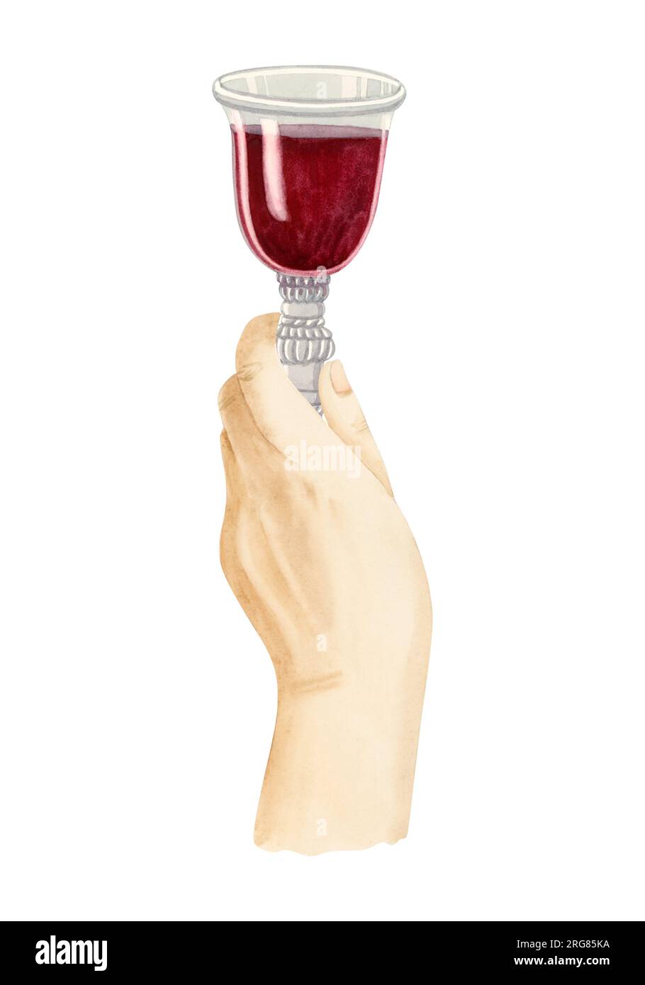 Human hand holding glass of red wine template watercolor illustration ...