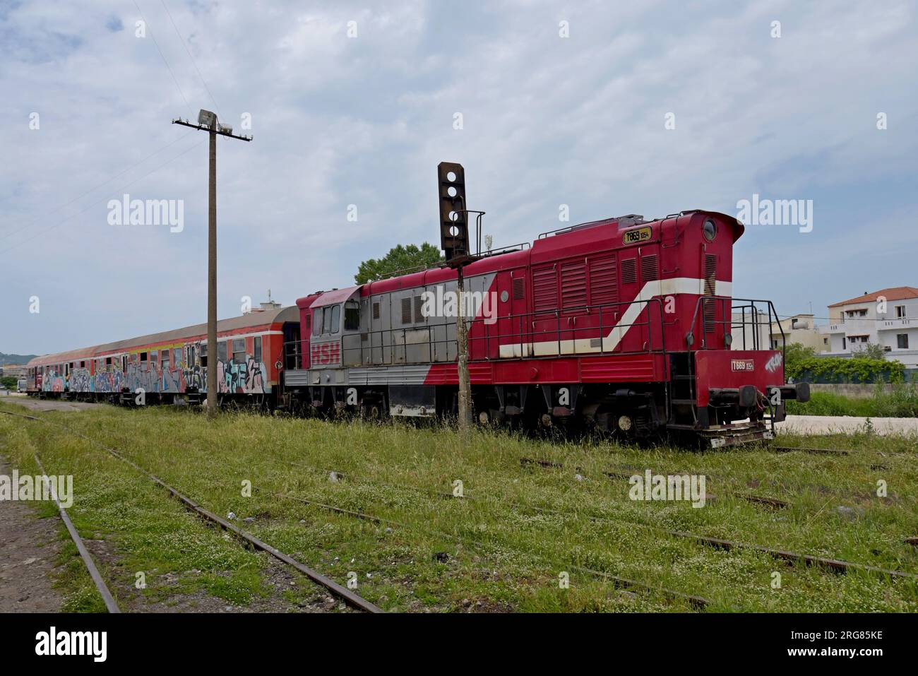 HSH Albanian Railways train at Shkozet station next to the ...