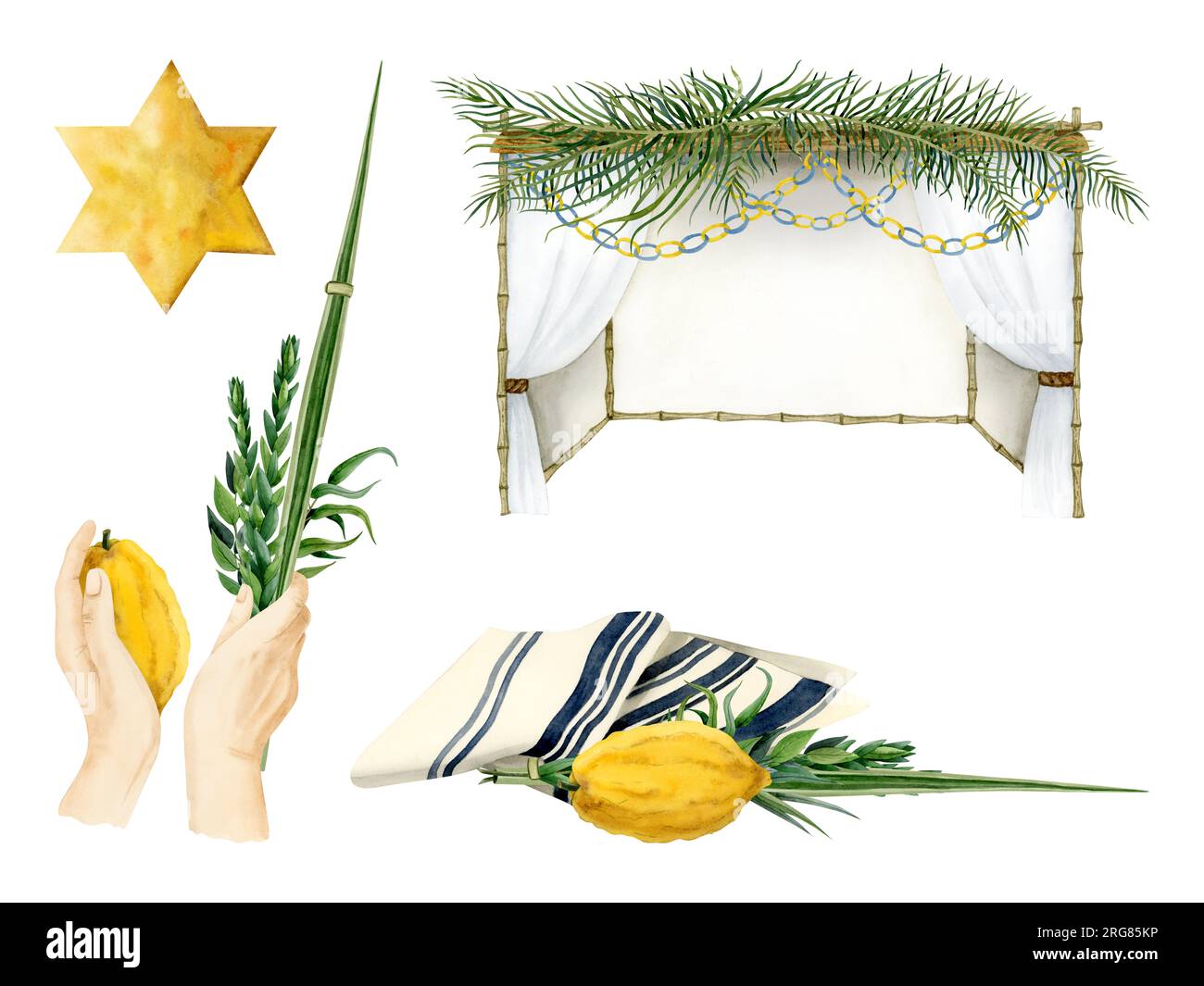 Sukkot symbols, sukkah, tallit, waving the Lulav and yellow gold star ...
