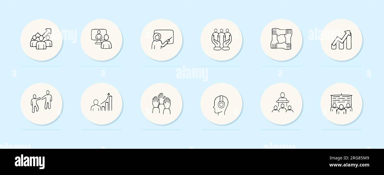 Teamwork line icon. Performance, public speaking, raising morale, hands ...