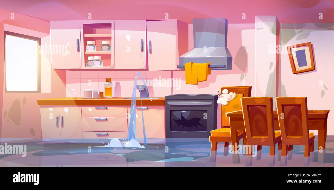 Broken flood kitchen room cartoon vector interior. Pipe leak in ...