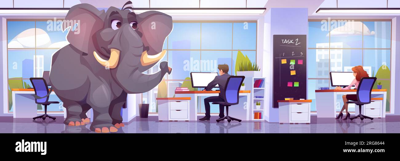 Elephant near worker desk in office room cartoon vector. Businessman ...