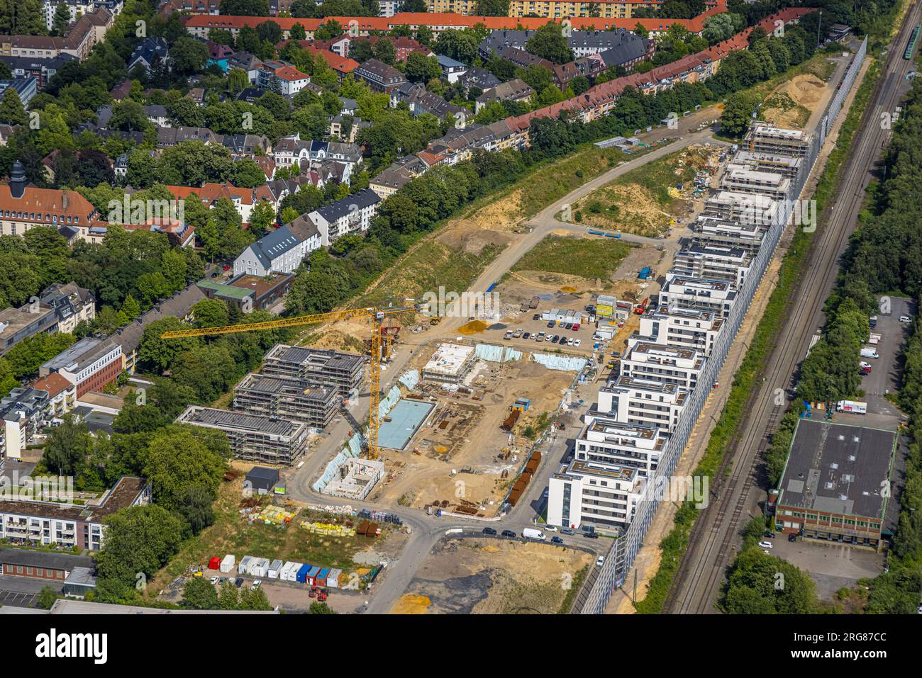 Aerial view, construction site Kronprinzenviertel for new building of apartments, Am Wasserturm ...
