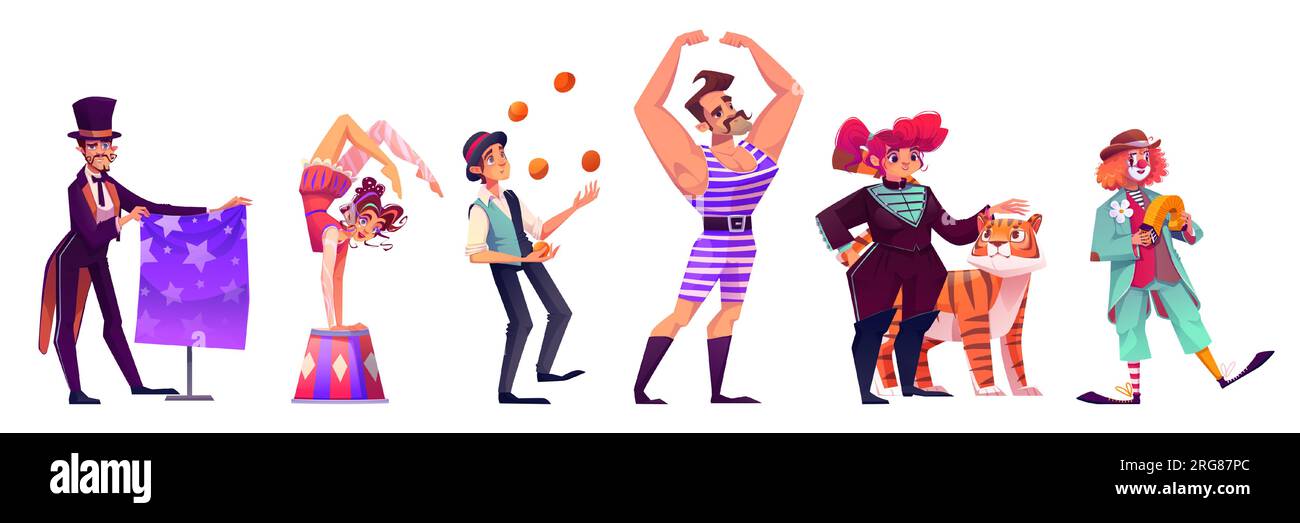 Circus character with clown, acrobat and juggler carnival cartoon ...