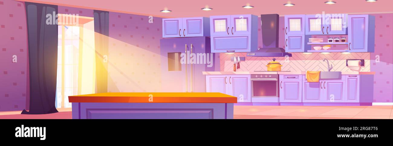 Modern kitchen interior with clean furniture and kitchenware. Vector ...