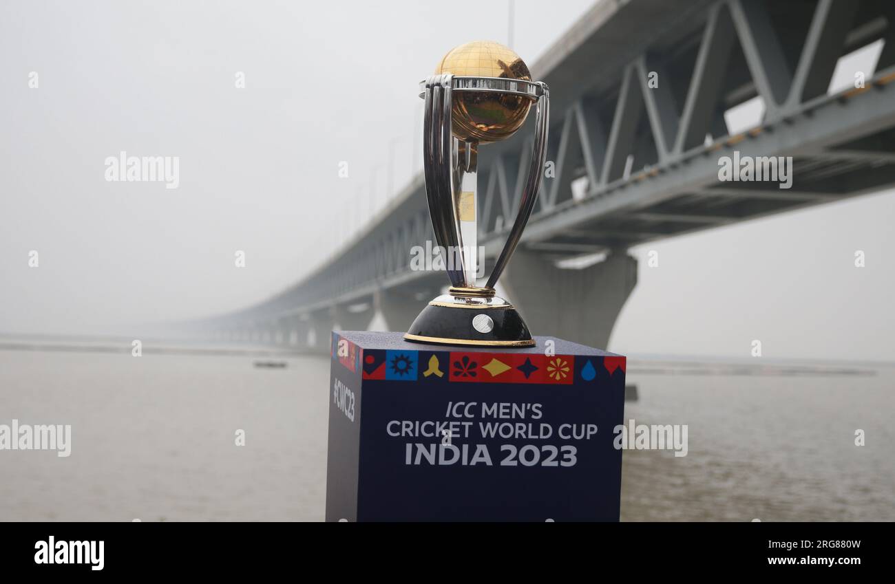 The ICC Cricket World Cup 2023 trophy on display at the Padma Bridge ...