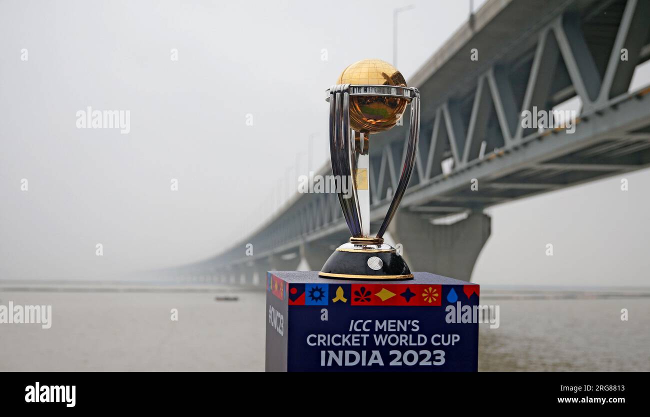 The ICC Cricket World Cup 2023 trophy on display at the Padma Bridge ...