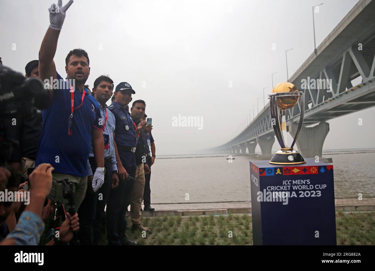 The ICC Cricket World Cup 2023 trophy on display at the Padma Bridge Munshiganj, Mawa ...