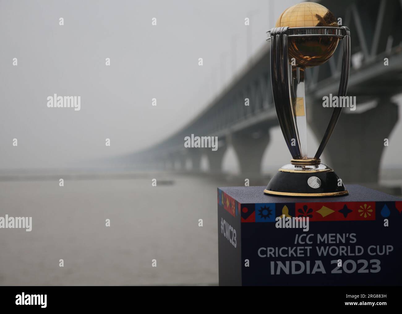 The ICC Cricket World Cup 2023 trophy on display at the Padma Bridge ...