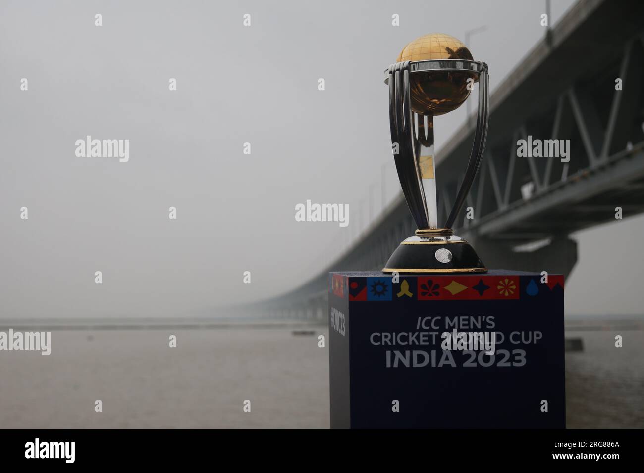 The ICC Cricket World Cup 2023 trophy on display at the Padma Bridge ...