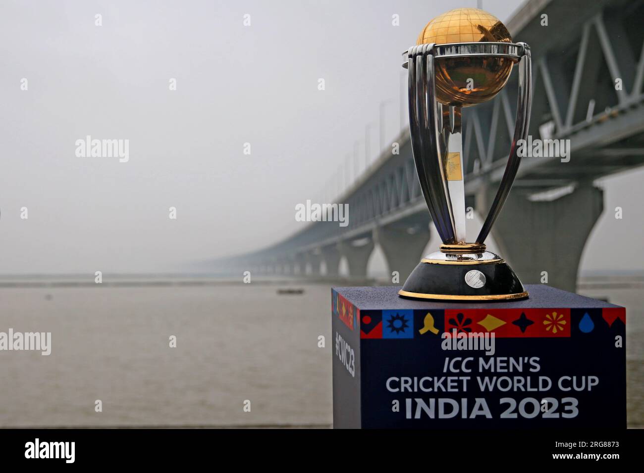 The ICC Cricket World Cup 2023 trophy on display at the Padma Bridge ...