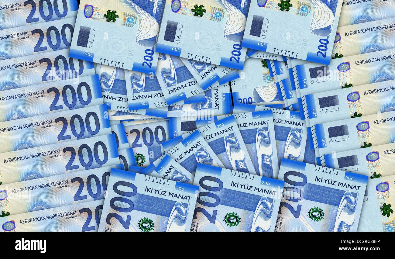 Azerbaijan Manat banknotes in a cash fan mosaic pattern. Azerbaijani ...
