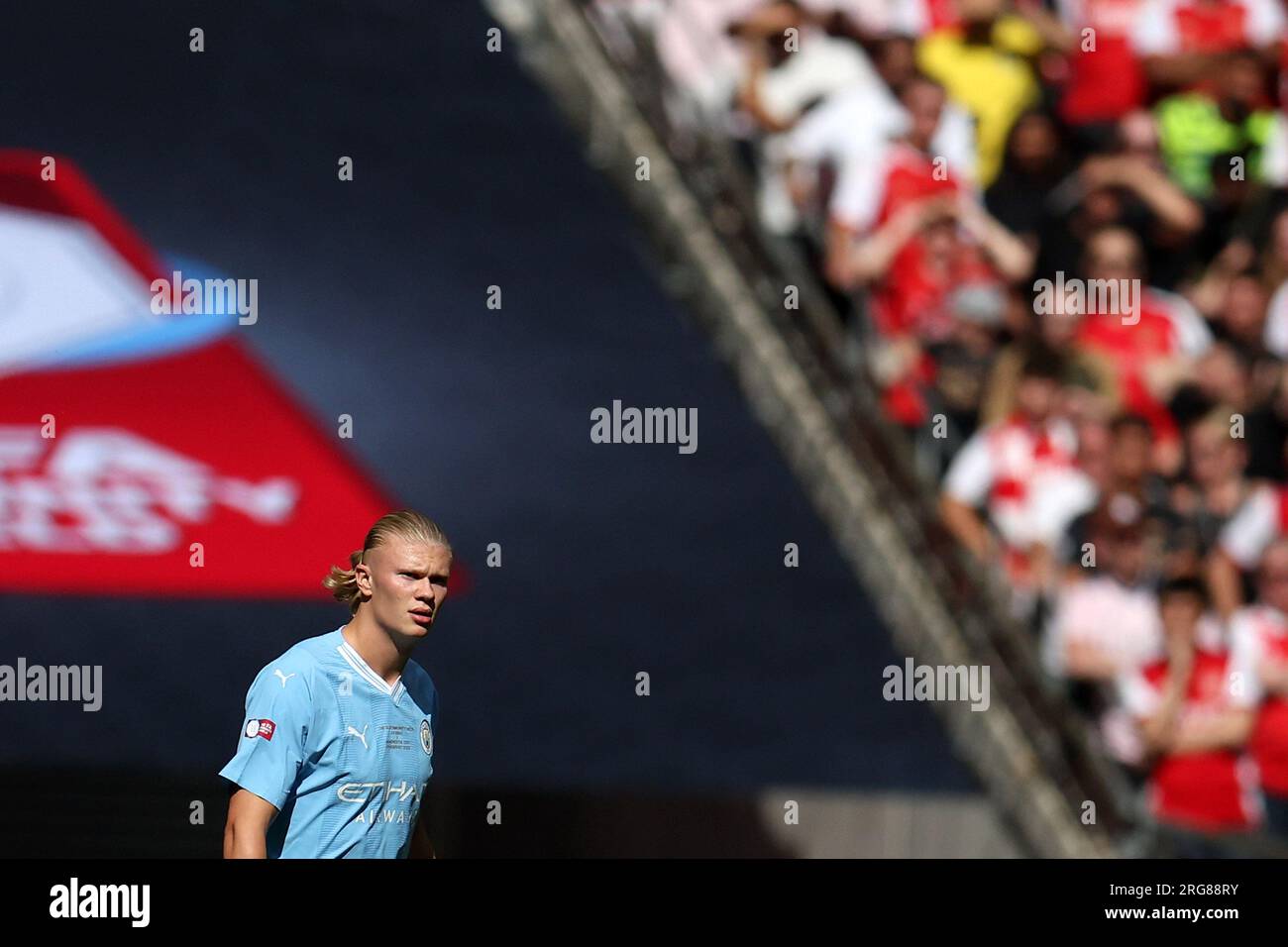 London, UK. 06th Aug, 2023. Erling Haaland of Manchester City looks on ...
