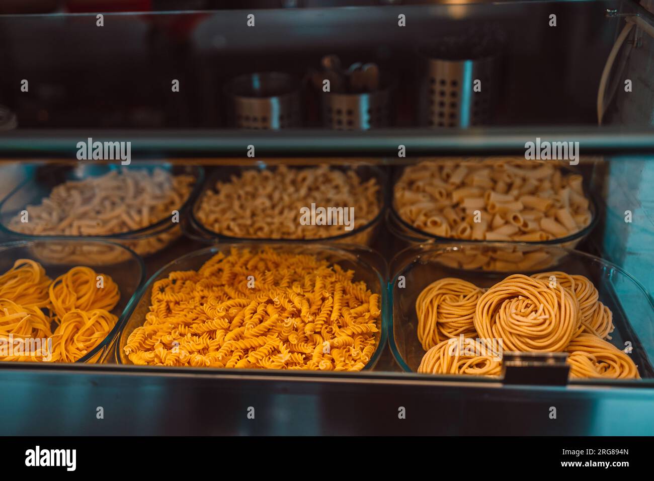 Italian food. Homemade pasta in a shop display at a farmer's market in ...