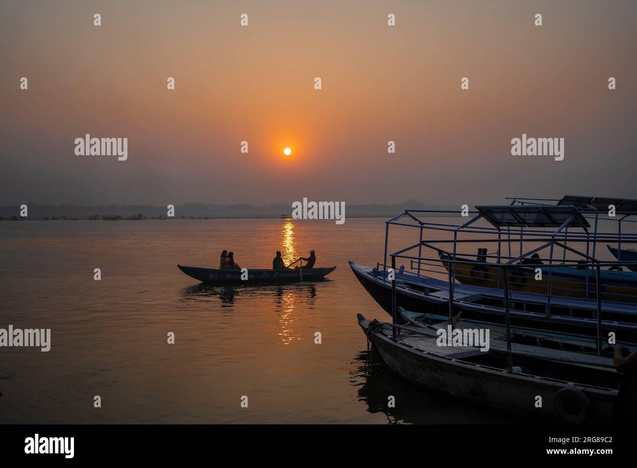 Varanasi India - March 12 2023 Ganga river view, sunset and sailing ...