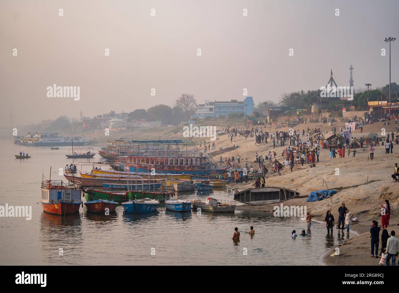 Varanasi India - March 13 2023 Ganga river view, sailing boats and Assi ...