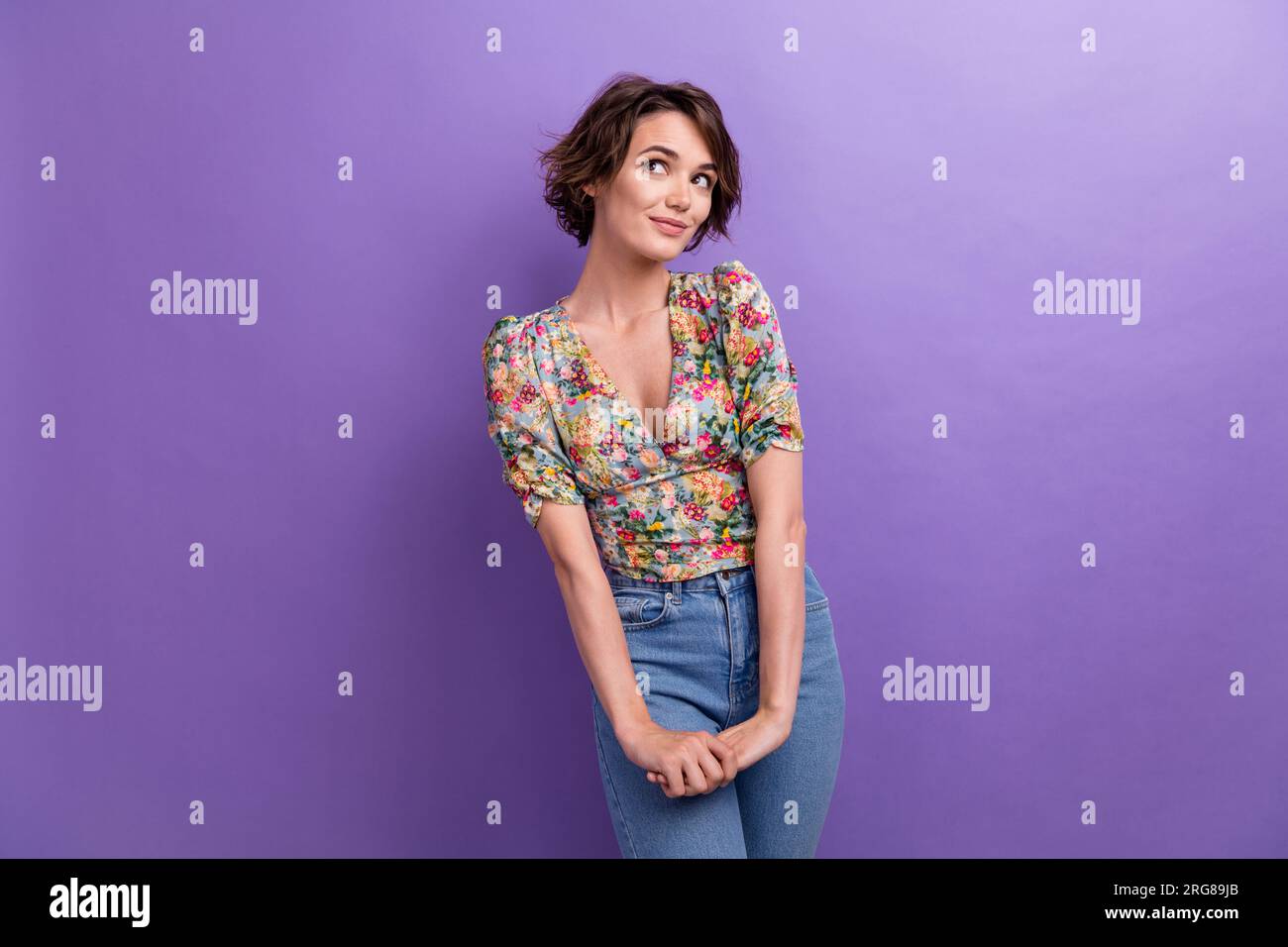 Photo portrait of pretty young girl look empty space cute pose wear ...