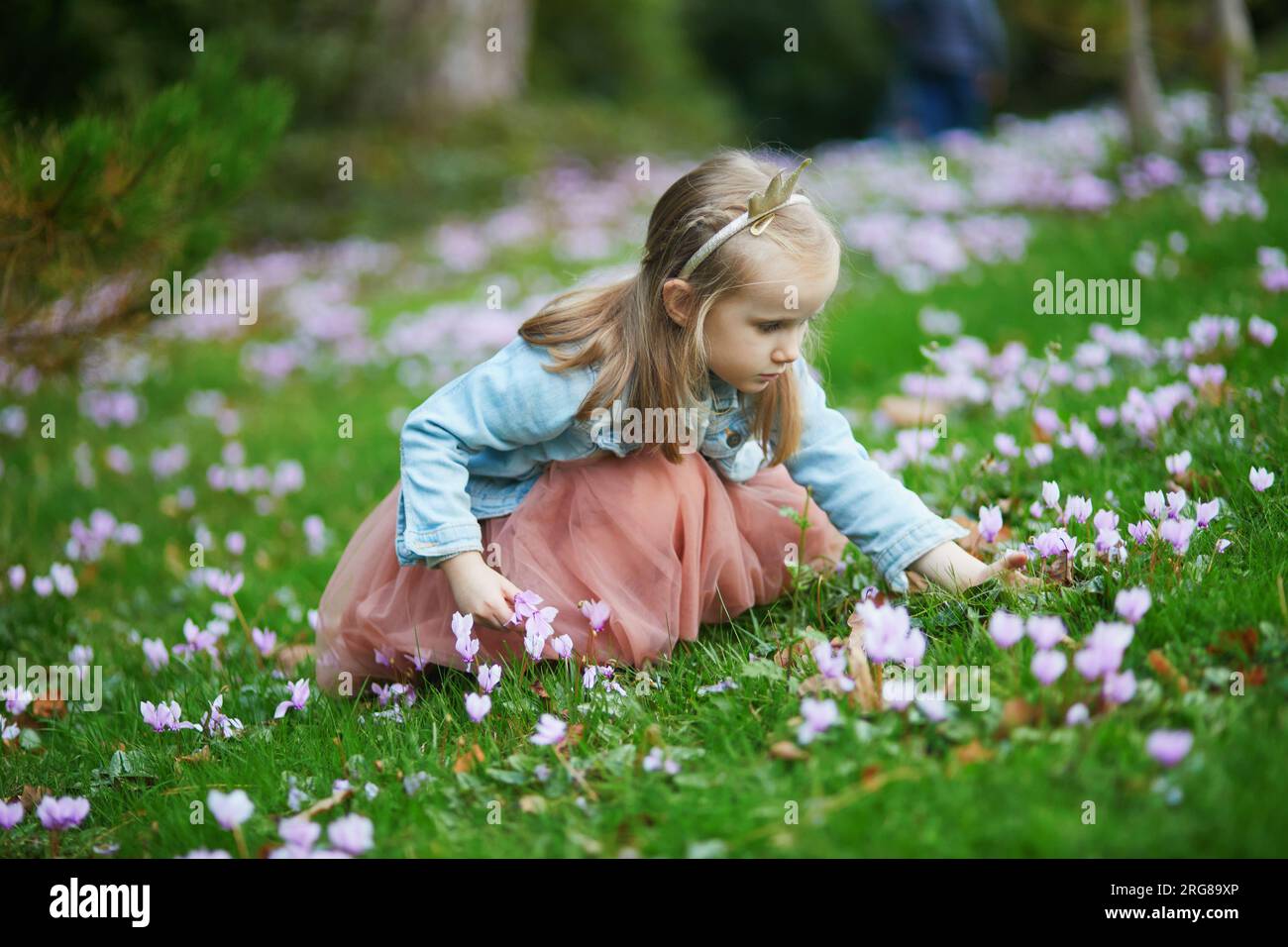 Cute preschooler girl in princess crown sitting in the grass and ...