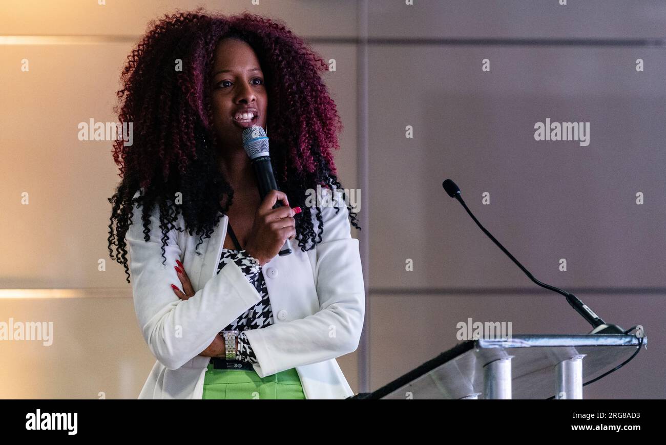 Anne-Marie Batson speaks during the Kick It Out 30th anniversary event ...