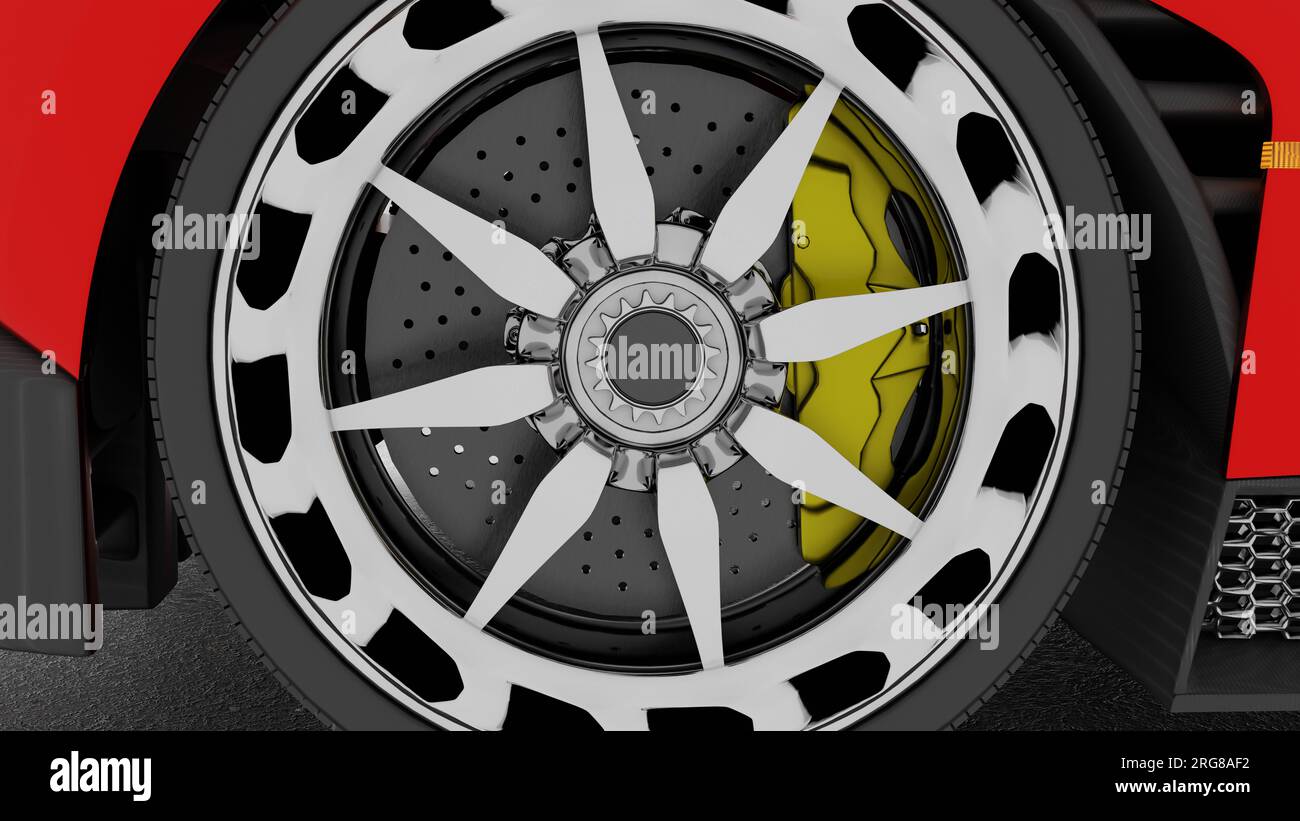 Steel car disc on wheel, disc brakes. Cast disc of car. 3d render Stock ...