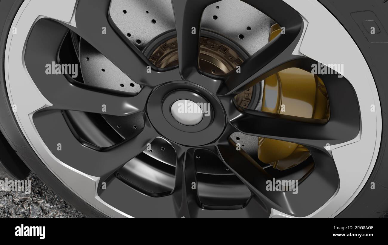 Steel car disc on wheel, disc brakes. Cast disc of car. 3d render Stock ...