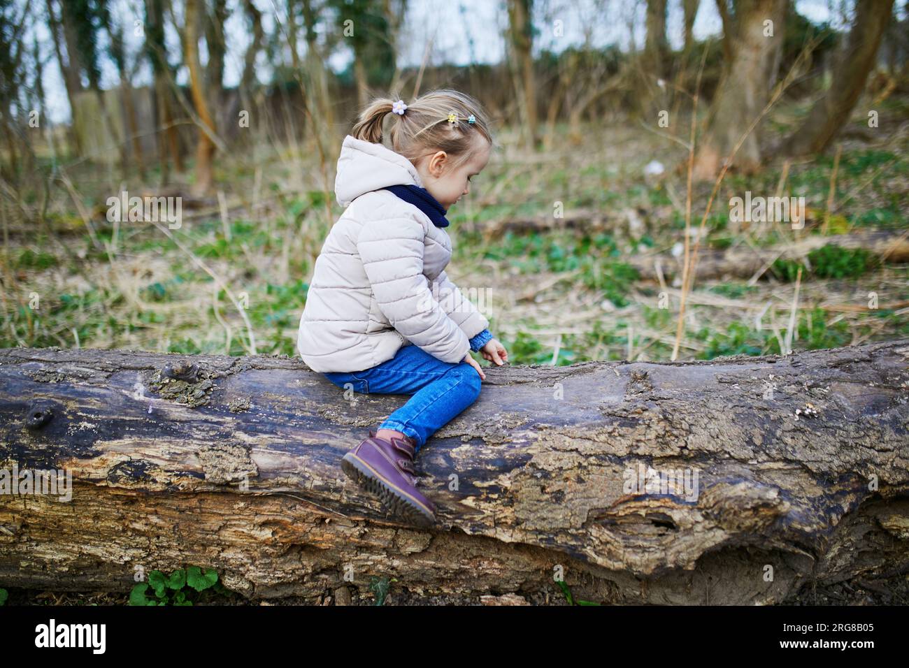 Adorable preschooler girl sitting on log and having fun in spring ...