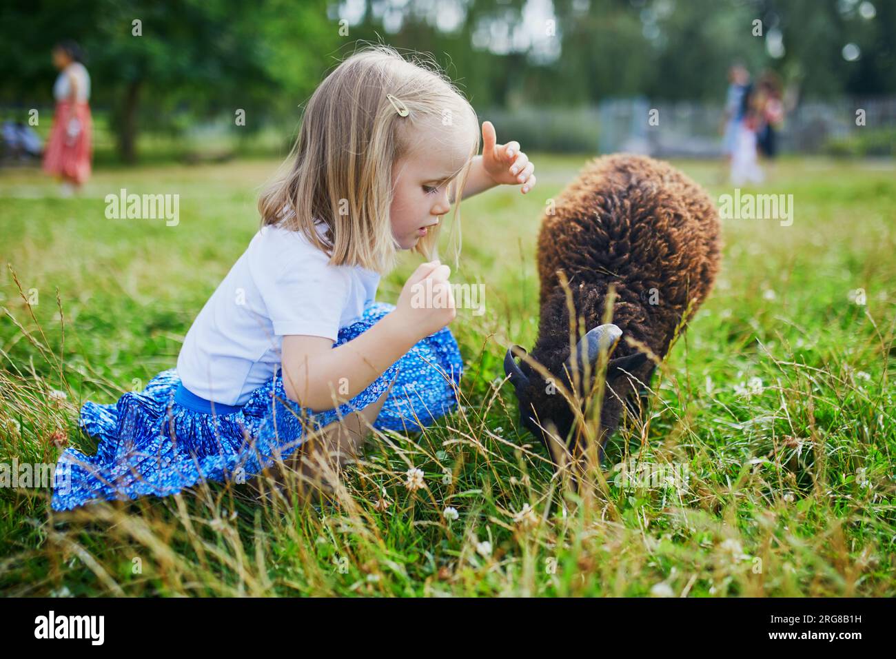 Adorable little girl playing with goats and sheep at farm. Child ...