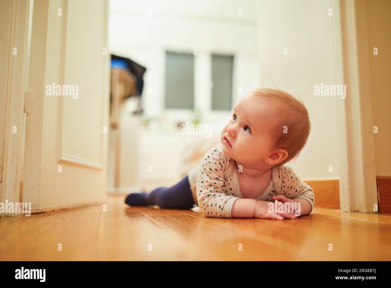 Baby girl learning to crawl. Happy healthy little child on the floor ...