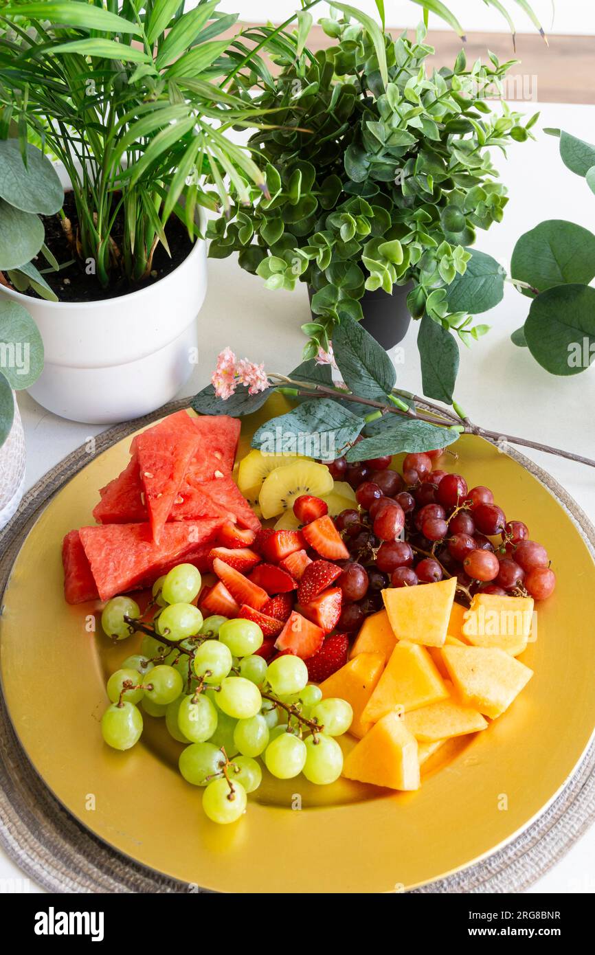 fruit, platter, fresh, healthy, eating, watermelon, strawberries, grapes, cantaloupe, kiwi ...