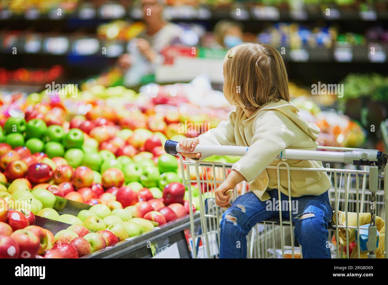 Adorable toddler girl sitting in the shopping cart in a food store or a ...