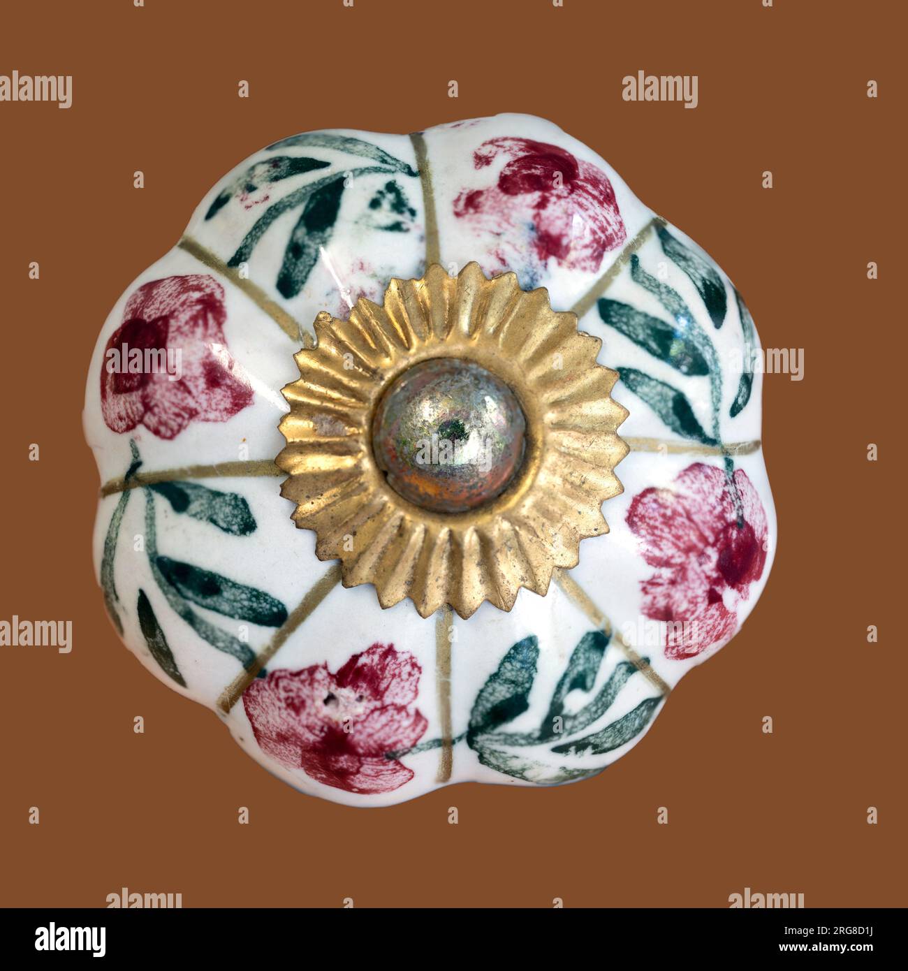 floral painted ancient ceramic knob handle with red flowerheads on ...