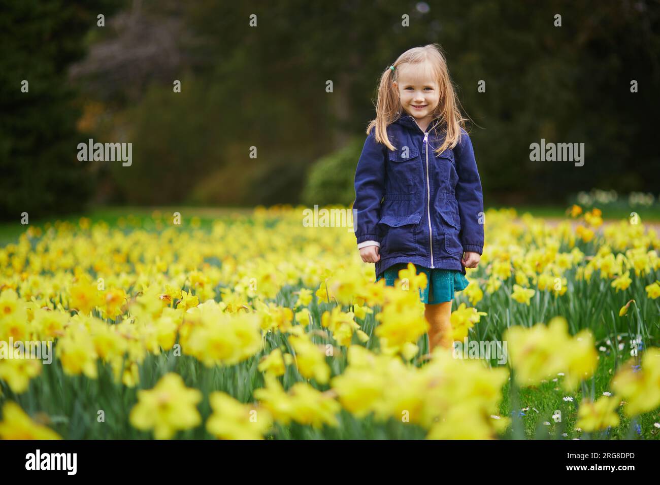 Adorable preschooler girl enjoying nice spring day in park during ...