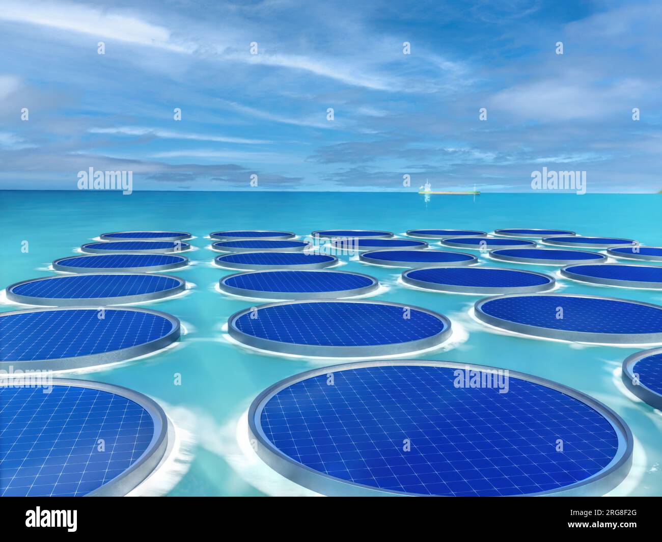 3d rendering of floating offshore solar panel farm - aerial view Stock ...