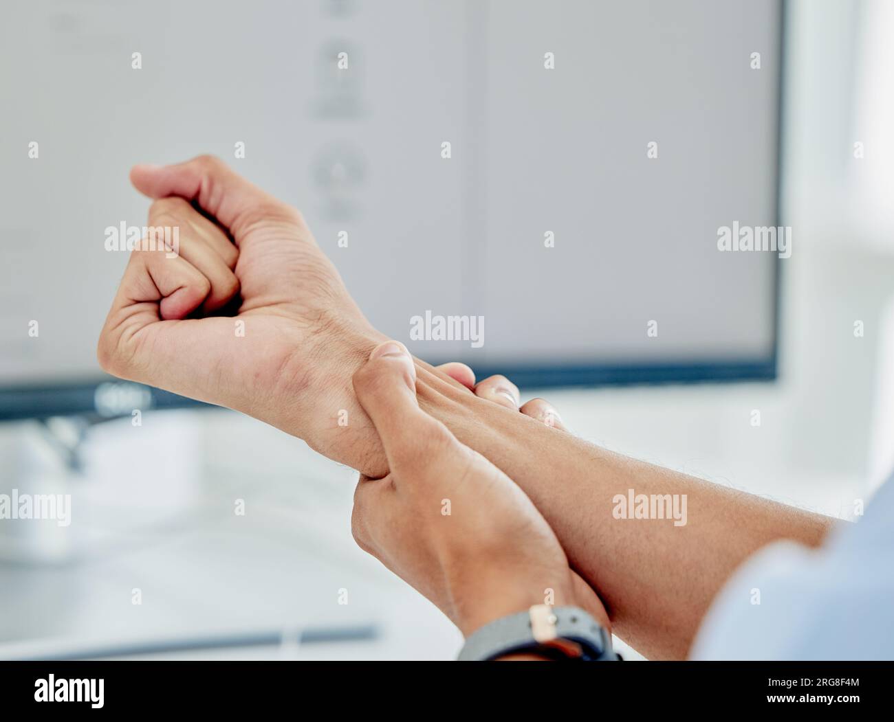 Hand, work and a person with an injury or pain of a muscle from ...