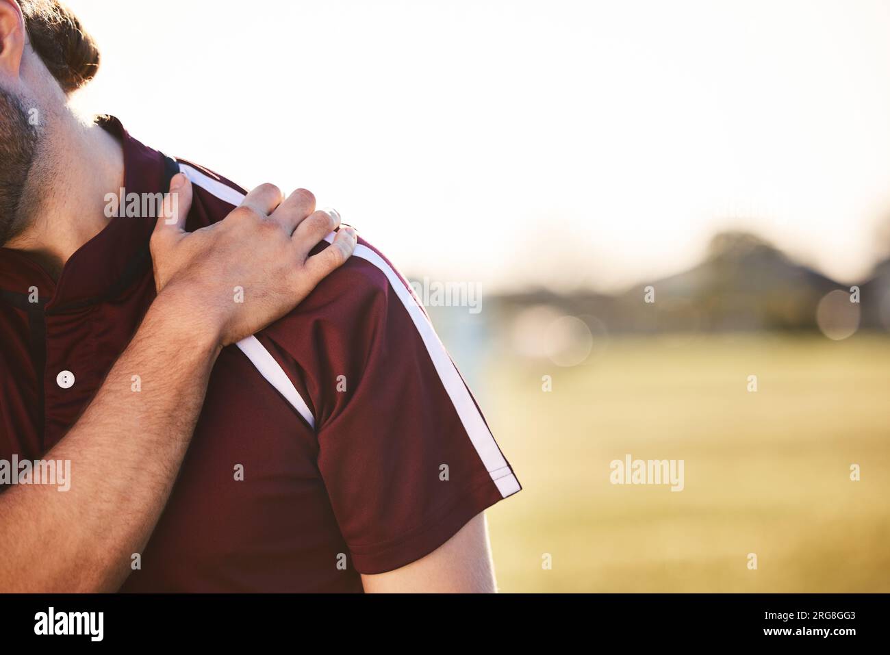 Shoulder pain, man with injury and exercise accident, athlete outdoor ...