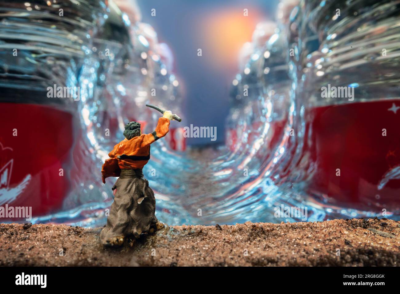 Moses splitting the red sea. Miniature Moses is raising his staff and ...