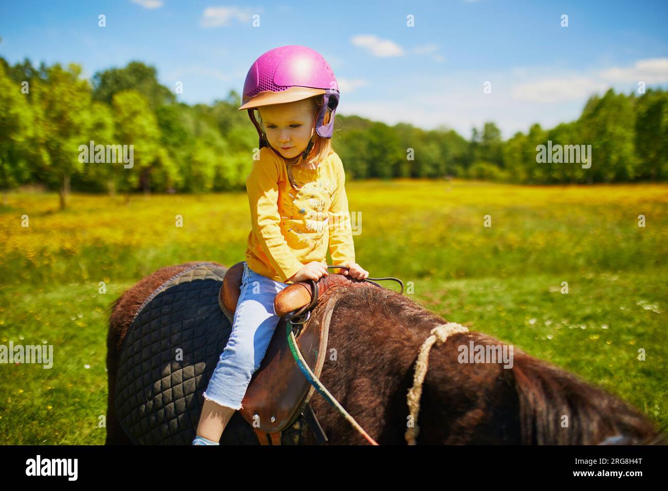 Adorable three years old girl riding a pony. Little child practicing ...