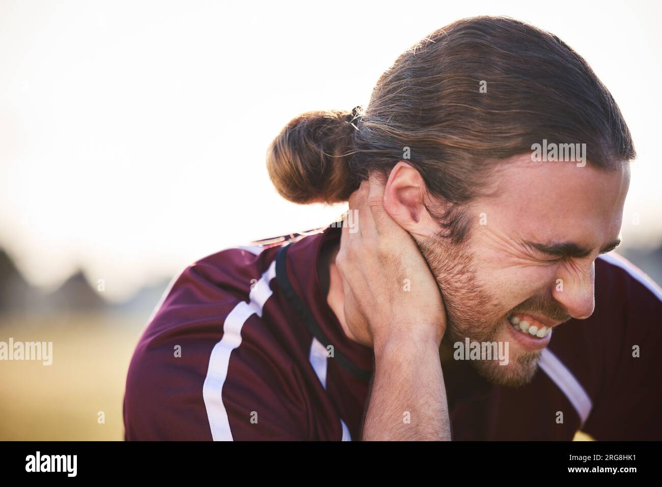 Neck pain, man and fitness accident, injury and athlete outdoor with ...
