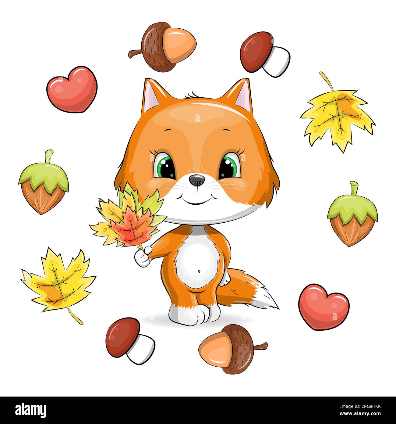 Cute cartoon red fox with fallen leaves in an autumn frame. Vector ...