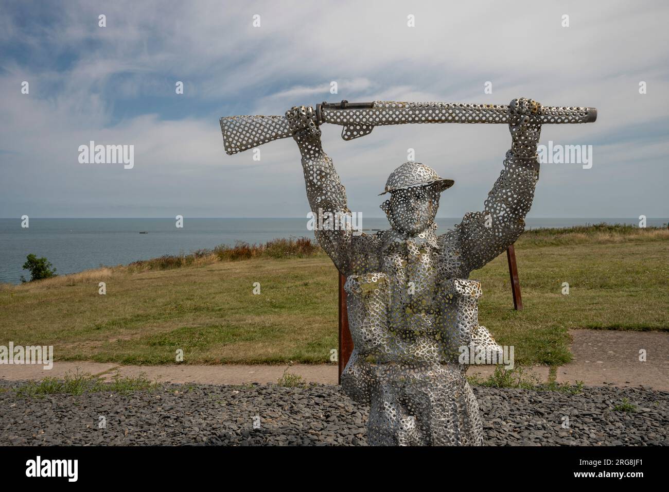 Arromanches-les-Bains, France - 07 21 2023: Statue of soldiers fighting ...