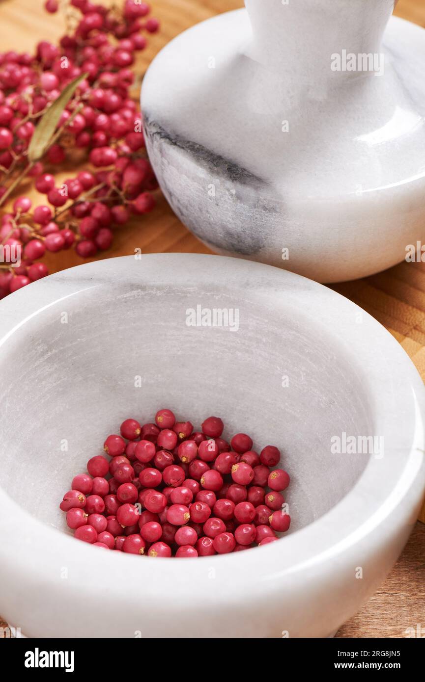 Dry rose pepper in white marble mortar next pestle Stock Photo - Alamy