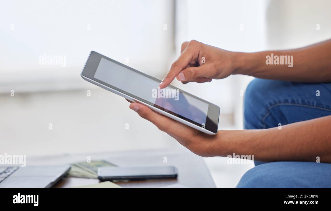 Hands, tablet and scroll, social media and app with communication ...